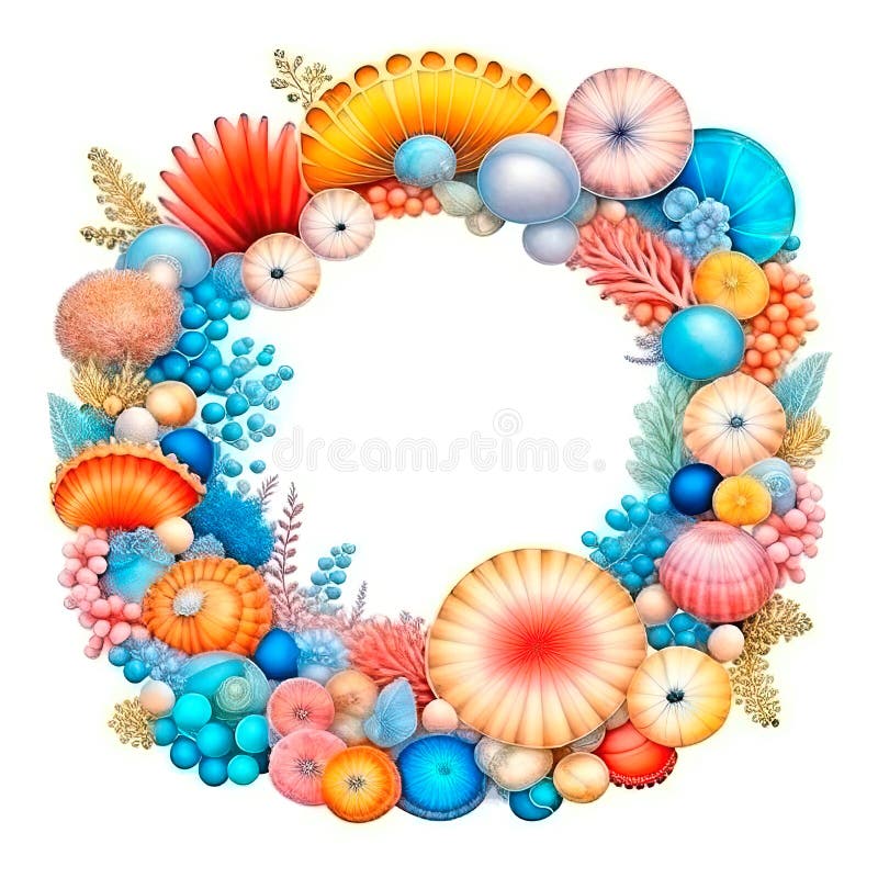 A Round Frame of Tropical Shells and Flowers on a White Background is ...