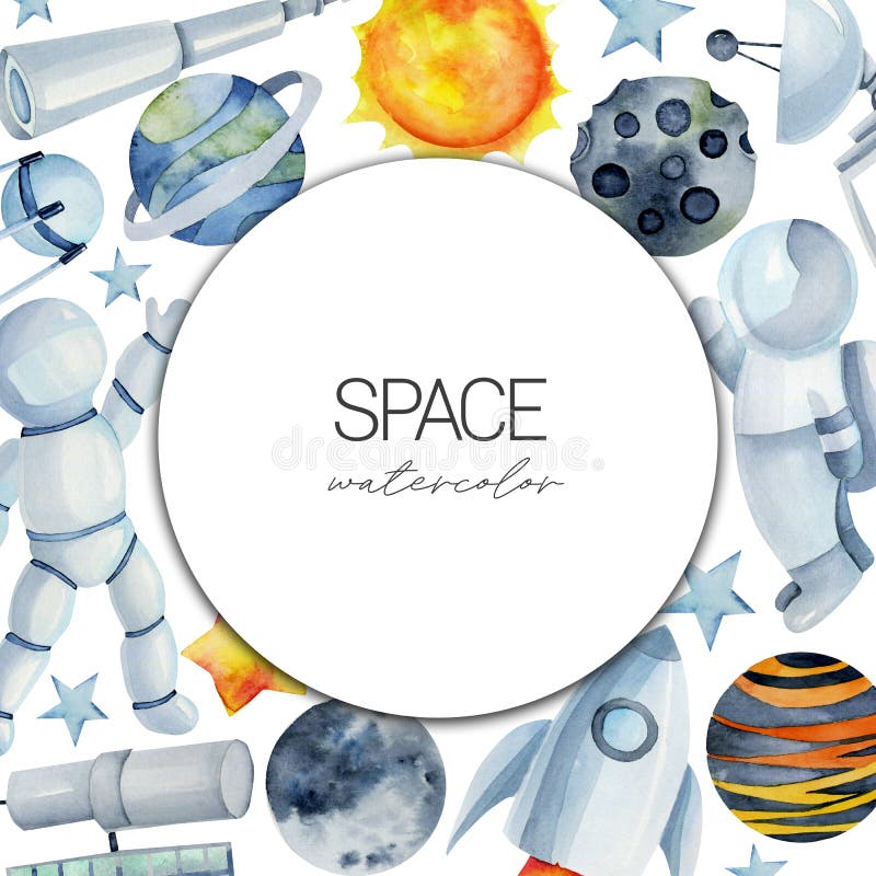 Round Frame of Watercolor Space Elements Astronaut, Rocket, Satellite ...