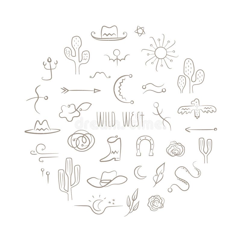 Round Frame with Wild West Vector Illustrations, Icons, Text. Simple ...