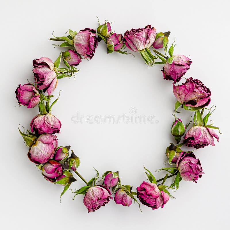 Round Frame or Wreath Made of Dried Pink Roses on White. Creative ...