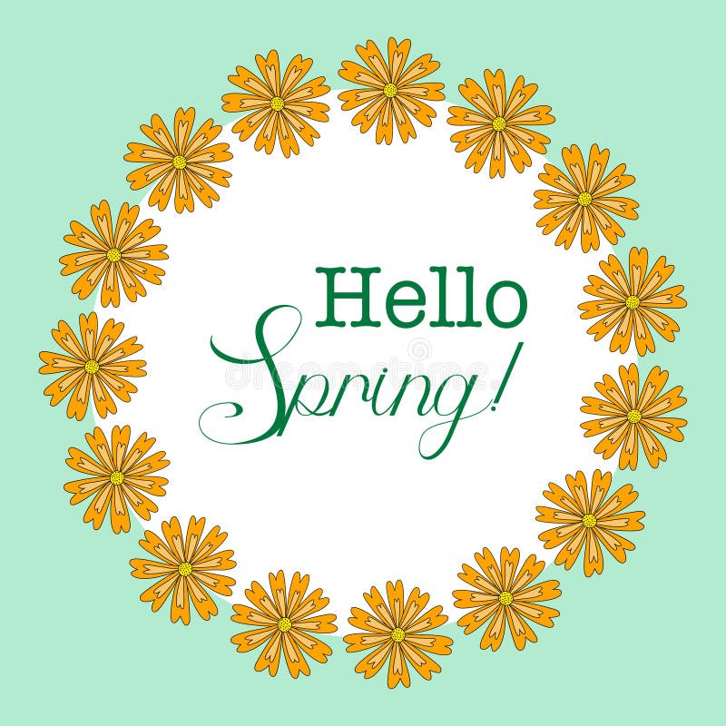 Round Frame with Yellow Flowers and Hello Spring Phrase, Spring Design ...