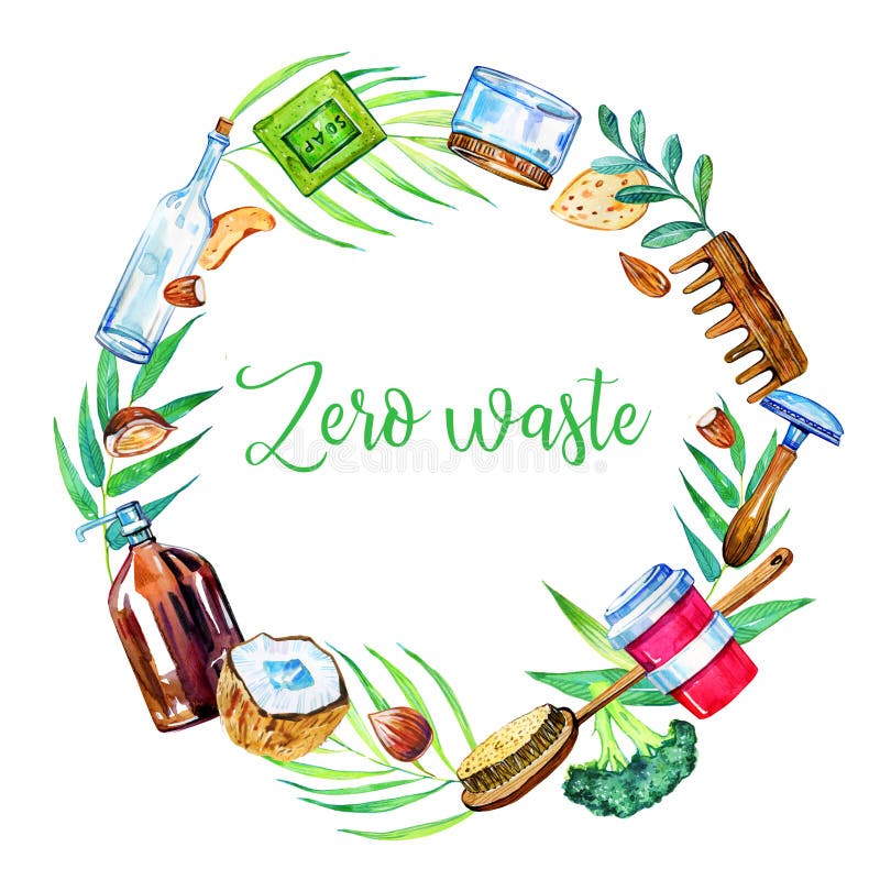 Round Frame with Zero Waste Objects, Food and Leaves. Hand Drawn ...