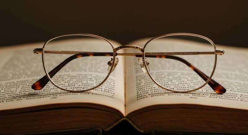 Reading Glasses on the Open Book in the Dark Light Room Stock ...