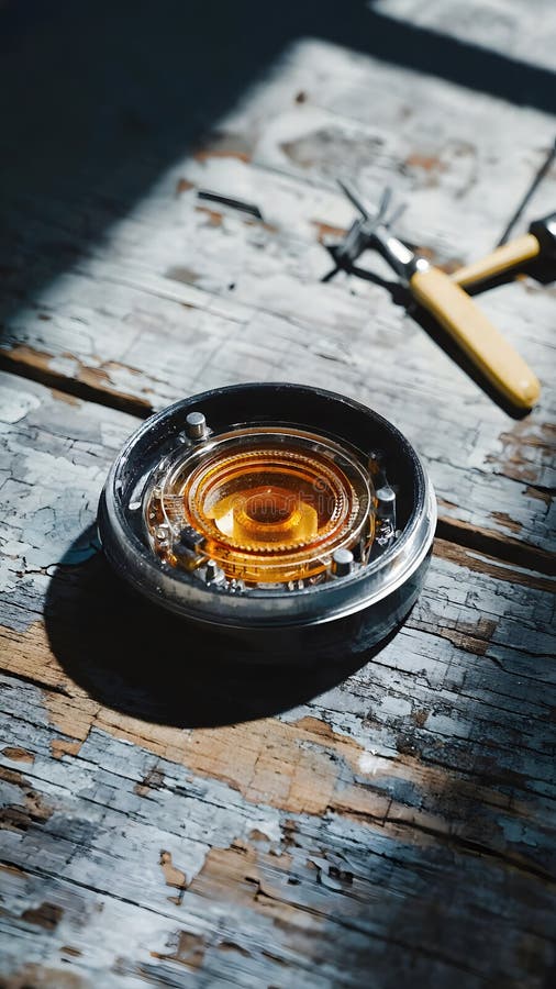 Round Futuristic Mechanical Device with Orange Core Placed on Worn ...