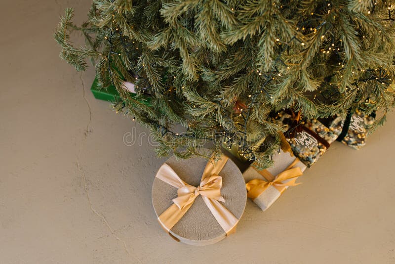 Round Gift Box with a Bow Stands Under the Christmas Tree. Top View ...