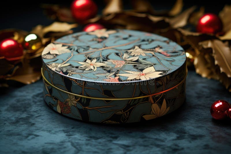 A Round Gift Box in Stylish Christmas Wrapping Paper Stock Image ...