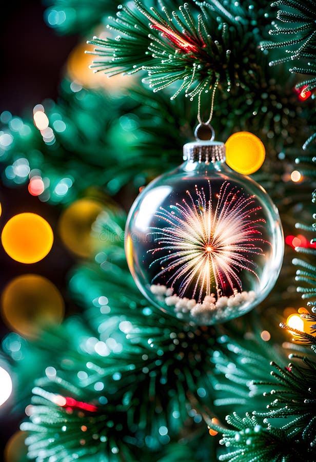Glass Christmas Ornament Hanging on a Tree with Exploding Firework ...