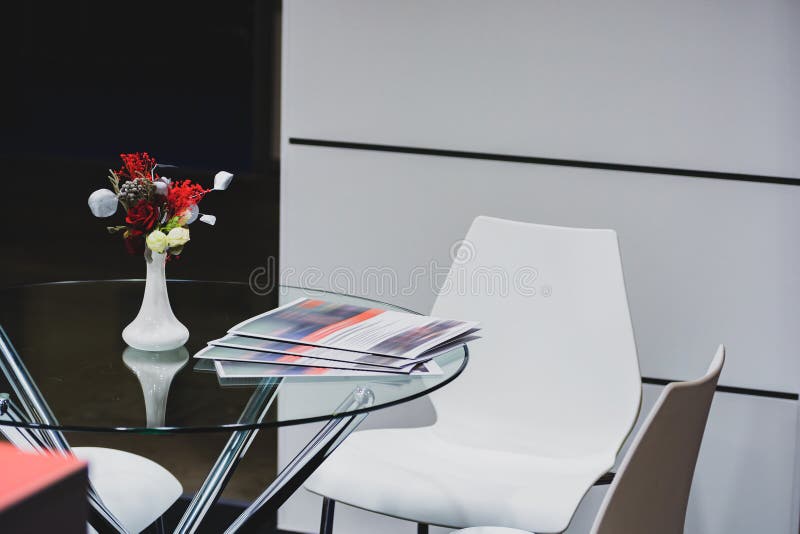 Round Glass Conference Table with White Chairs Stock Image - Image of ...