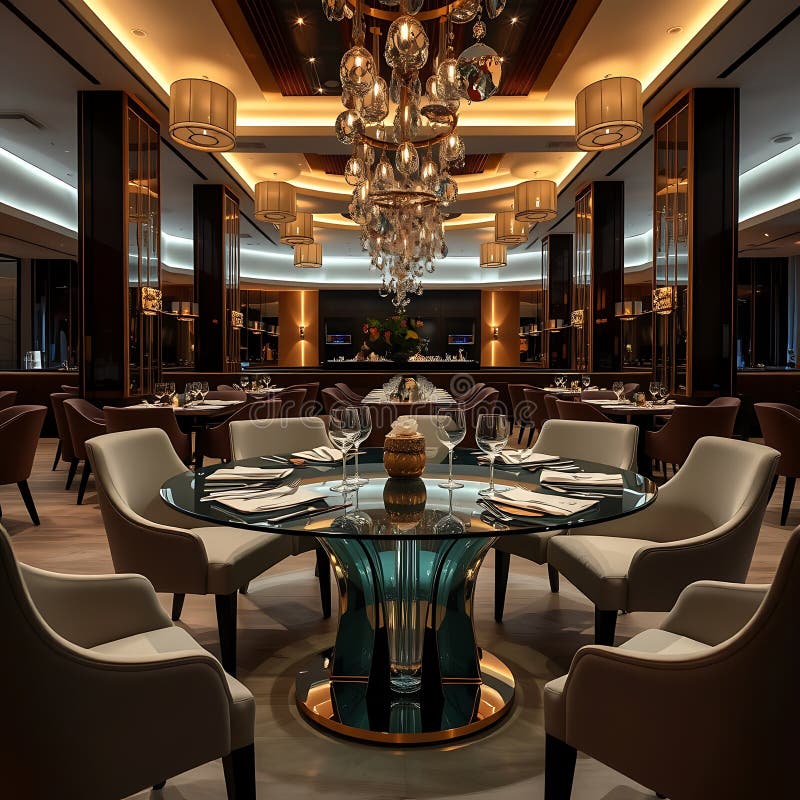 A Round Glass Dining Table Set in an Elegant High End Restaurant with ...