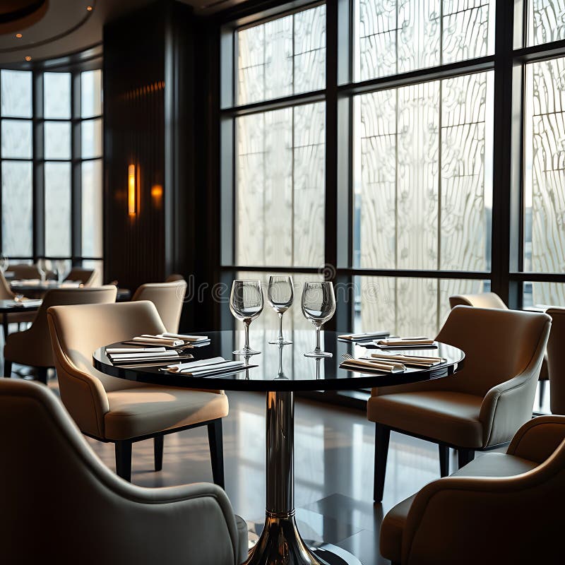 A Round Glass Dining Table Set in an Elegant High End Restaurant with ...