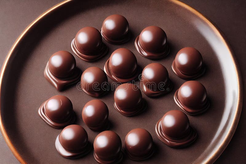 Round Glossy Milk Chocolate Candies on Large Brown Plate. Generative AI ...