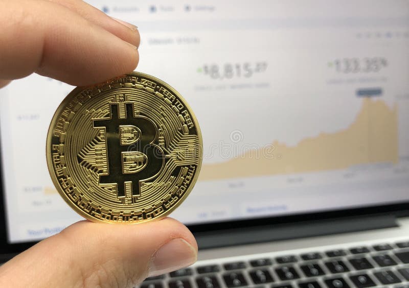 Round Gold-colored Bitcoin stock image. Image of bargain - 109913597
