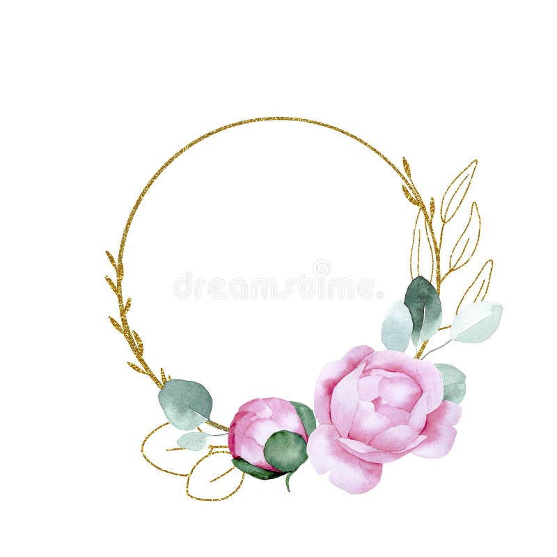 Round Gold Frame With Leaves And Pink Flowers Of Peony Roses On A