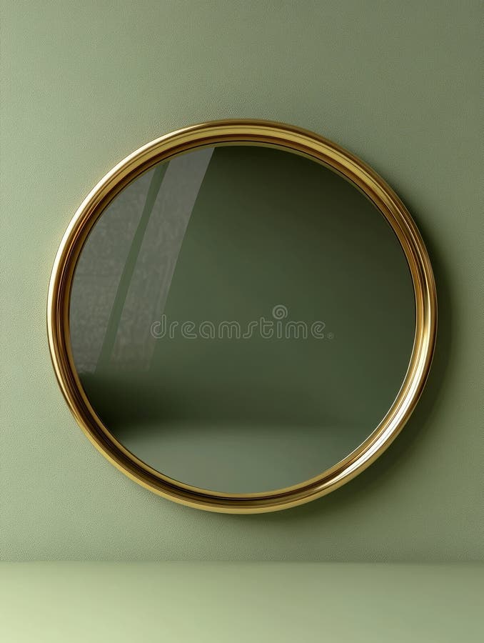 Round Gold-framed Mirror on Light Green Wall with Reflection. Stock ...