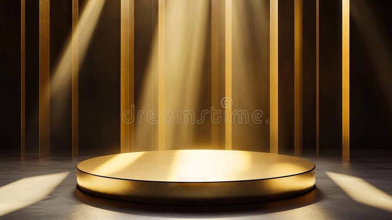 A Round Gold Podium in a Dark Room with Light Coming through the ...