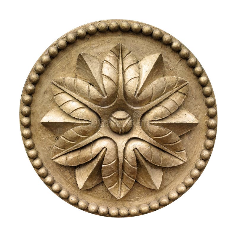 Round Golden Decorative Element with Floral Pattern Isolated on White ...