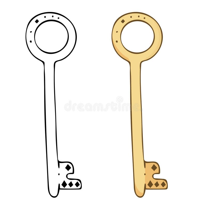 Round Golden Key. Vector Doodle Illustration Isolated on White ...