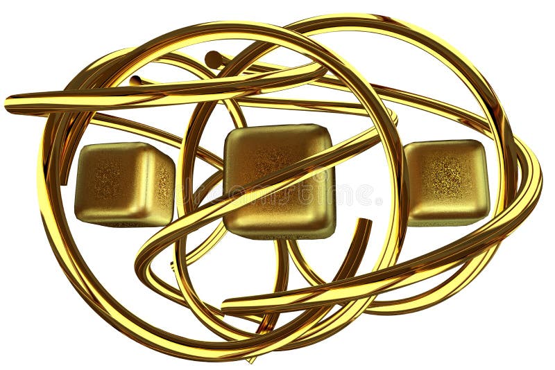 Round Golden Splines and Cubes in Abstract Design. 3D Render Stock ...
