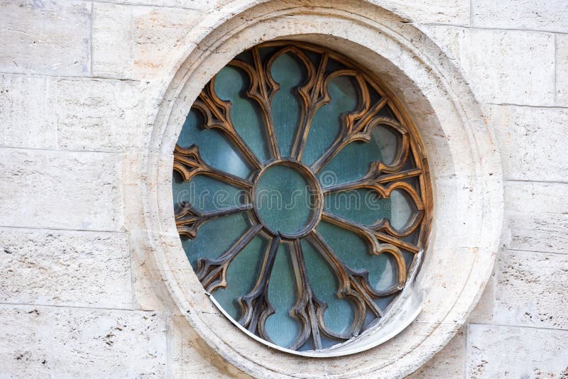 Round Gothic Window with Wooden Frame in Stone Wall Stock Photo - Image ...