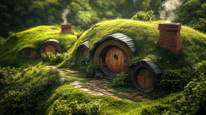 Round Green Hobbit Houses on Lush Hillside Stock Illustration ...