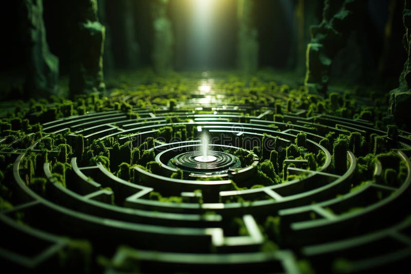 Round Green Labyrinth in Nature with a Light Source in the Center ...