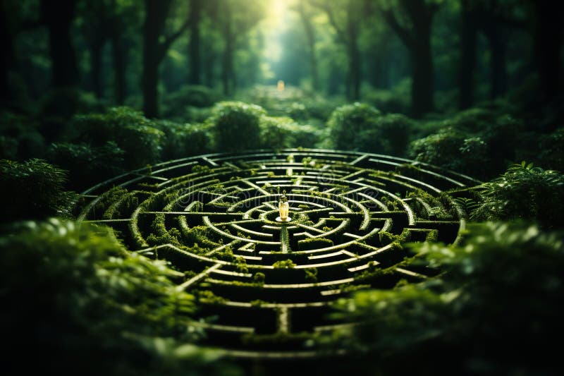 Round Green Labyrinth in Nature with a Light Source in the Center ...
