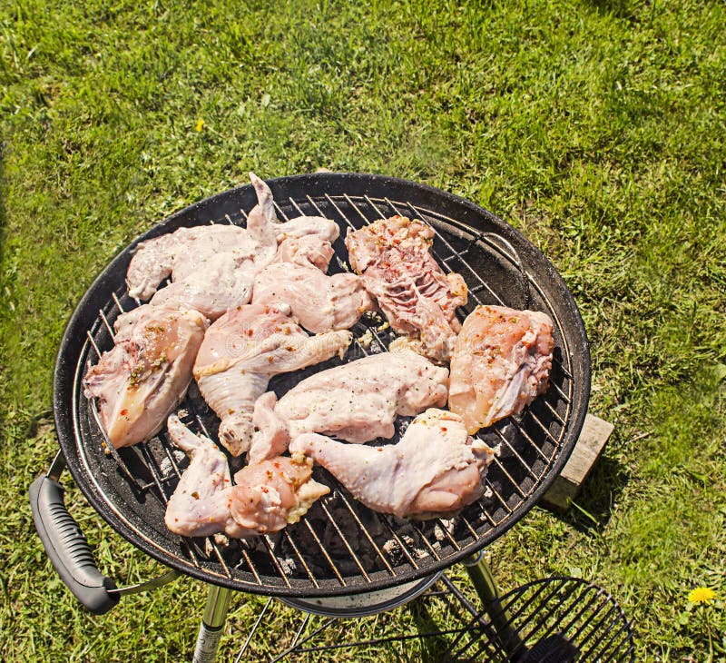 Round Grill with Pieces of Chicken Meat Stock Photo - Image of grill ...