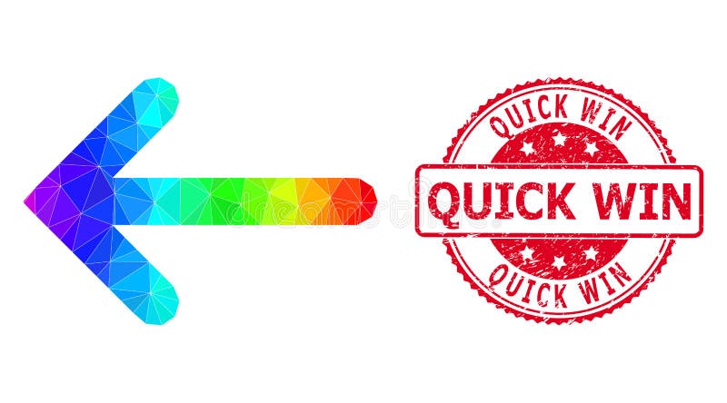 Round Grunge Quick Win Seal with Vector Triangle Filled Left Arrow Icon ...