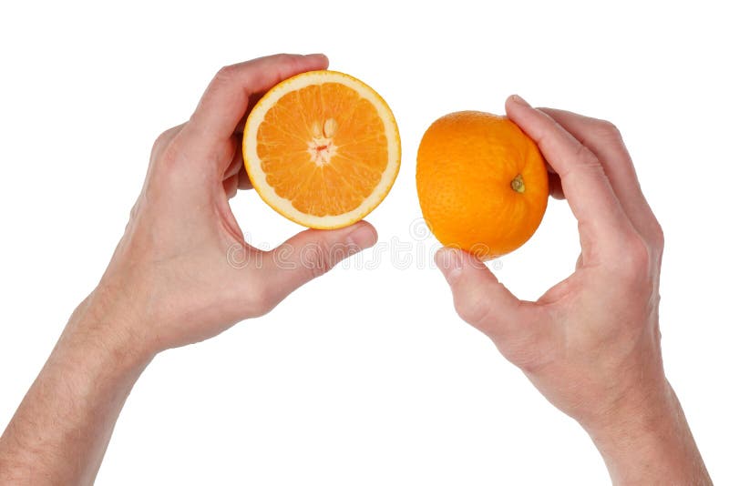 Round Halfs of Rip Orange Fruit in Hands of an Elderly Cook. is Stock ...