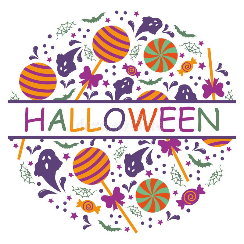 Round Halloween Frame with Ghosts, Cobwebs and Sweets, Vector ...