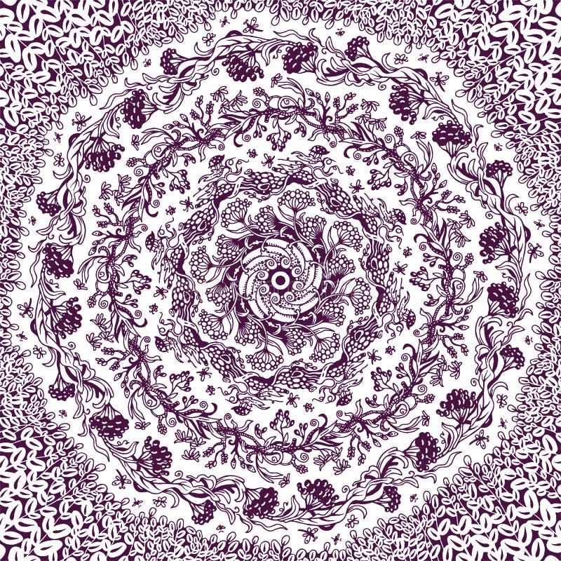A Round Hand-drawn Floral Pattern, Monochrome Vector Background Stock ...