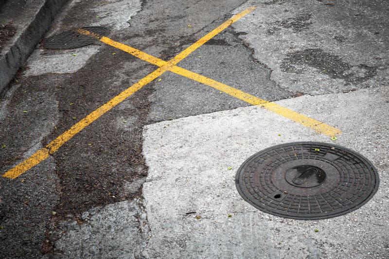 Round Hatch on Asphalt Road Stock Image - Image of industrial, manhole ...