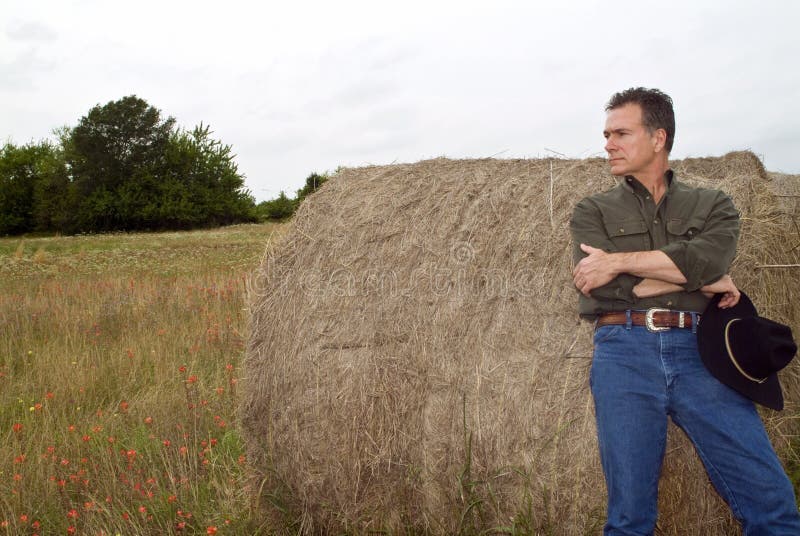 Man With Cowboy Hat On Bale Of Hay Stock Image - Image of humor, nature ...