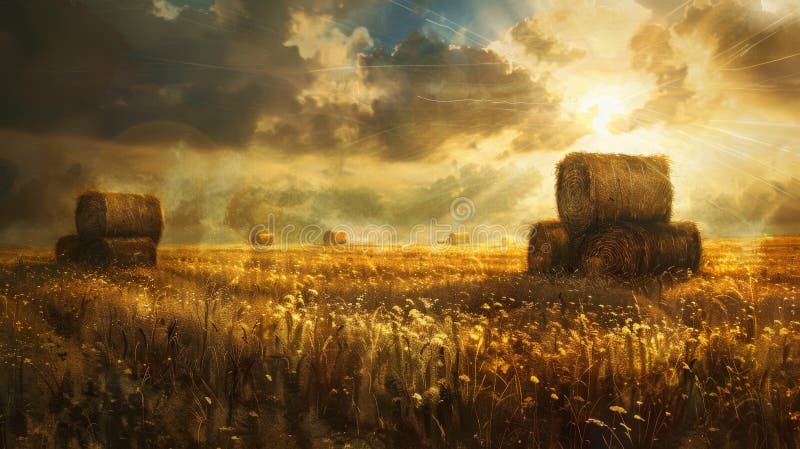 Round Hay Bales Under a Cloudy Sky Sunset Cast Long Shadows on the ...