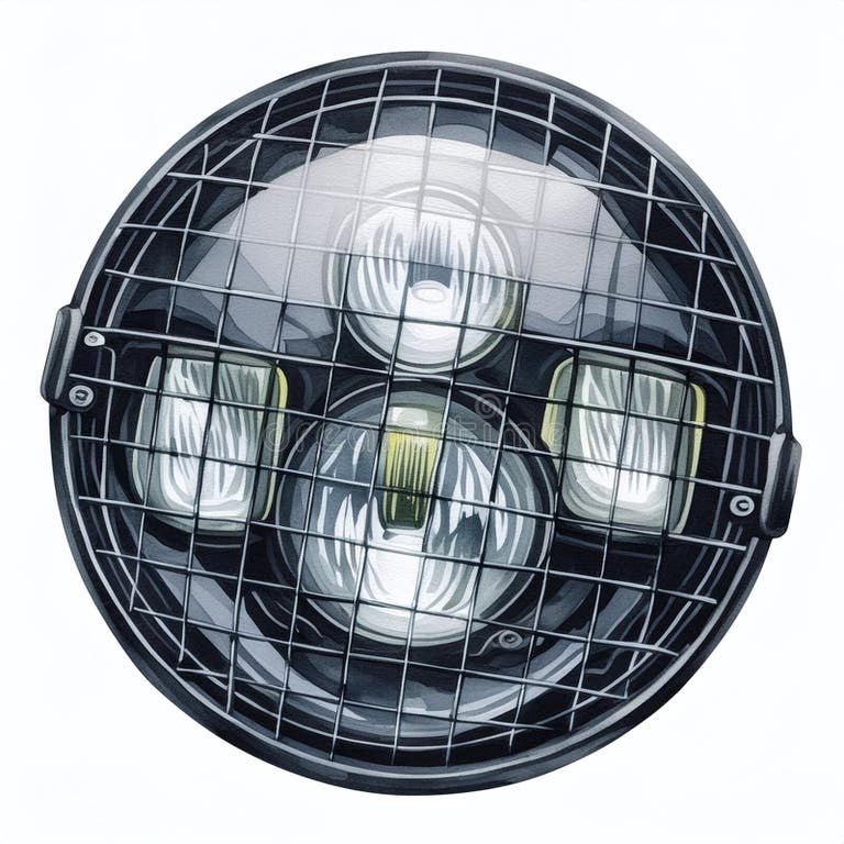 Round Headlight with Multiple Lights and Protective Metal Grid Stock ...
