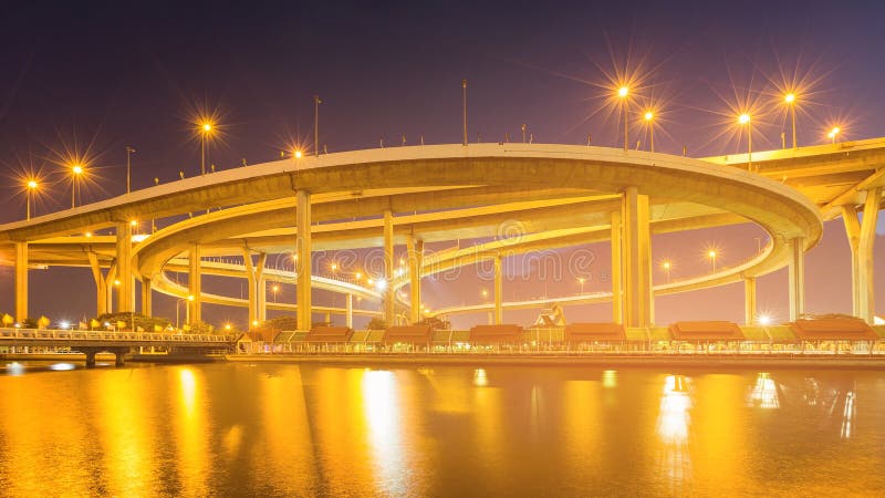 Round Highway Intersection Water Front Night Stock Image - Image of ...