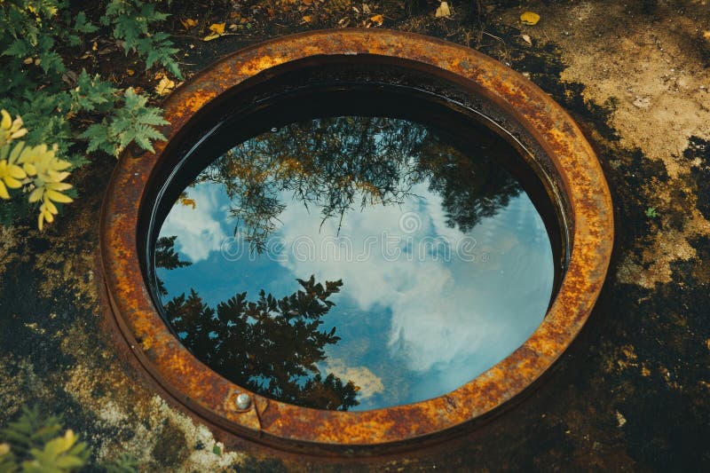 Round Hole with Sky Reflection Stock Image - Image of cavity, hole ...