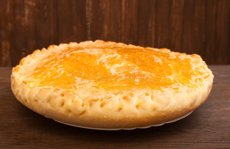 Round Home-made Pie on Old Wood Table Stock Photo - Image of fall ...