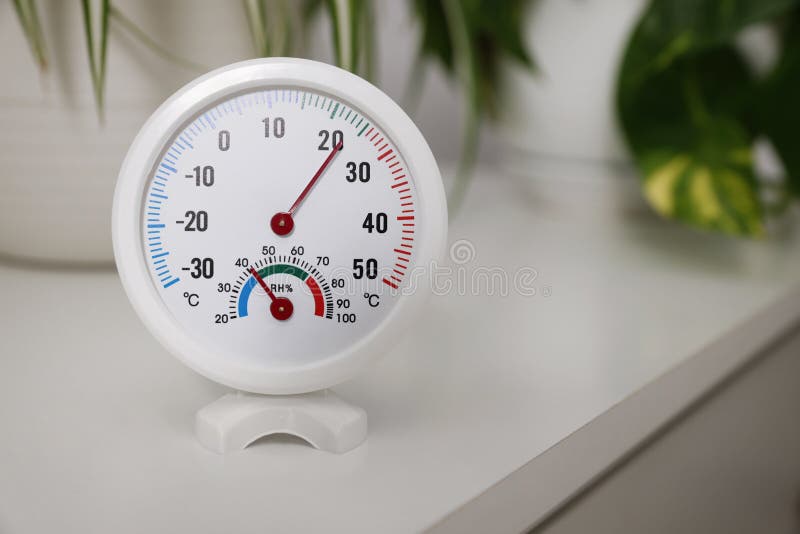 Round Hygrometer with Thermometer and Plants on White Table, Space for ...