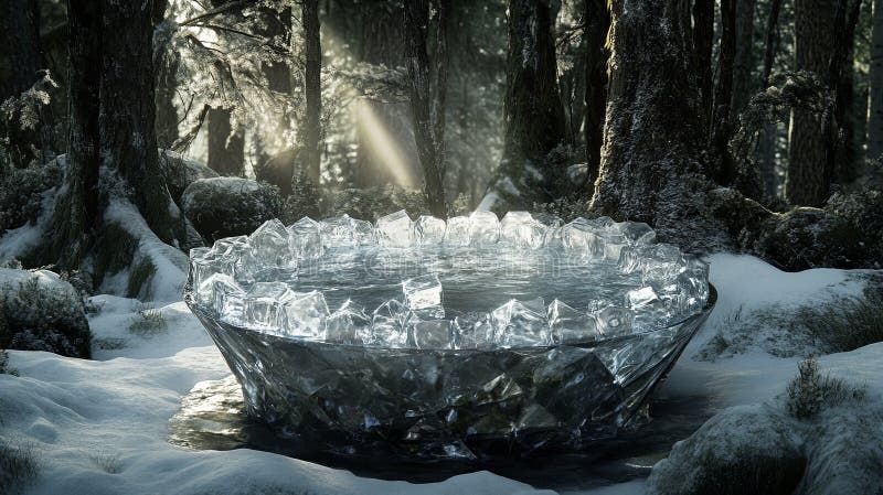 Round Ice Bath, Crystal Cubes, Forest Shadows . Stock Photo - Image of ...