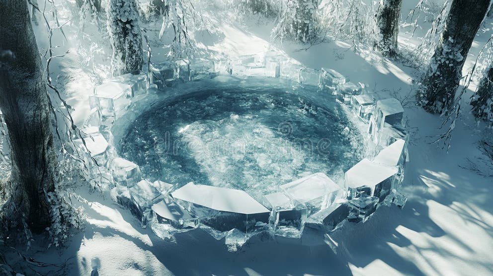 Round Ice Bath, Crystal Cubes, Forest Shadows . Stock Image - Image of ...