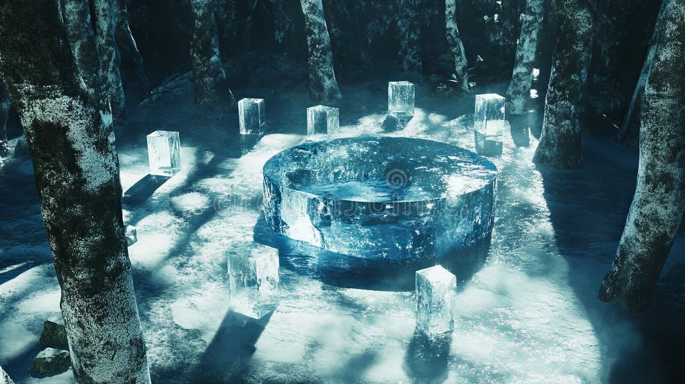 Round Ice Bath, Crystal Cubes, Forest Shadows . Stock Image - Image of ...