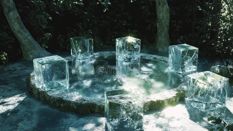 Round Ice Bath, Crystal Cubes, Forest Shadows . Stock Photo - Image of ...