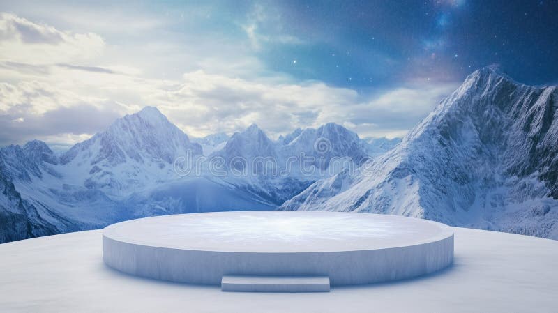 Round Ice Stage Overlooking Snow Covered Mountain Range at Sunset Stock ...
