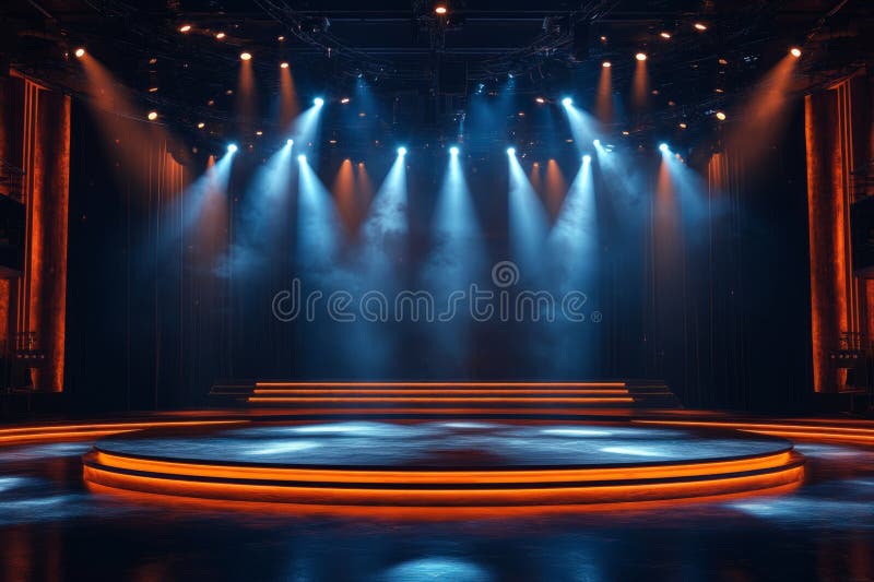 Round Illuminated Stage with Orange and Blue Lights and Smoke Effect ...