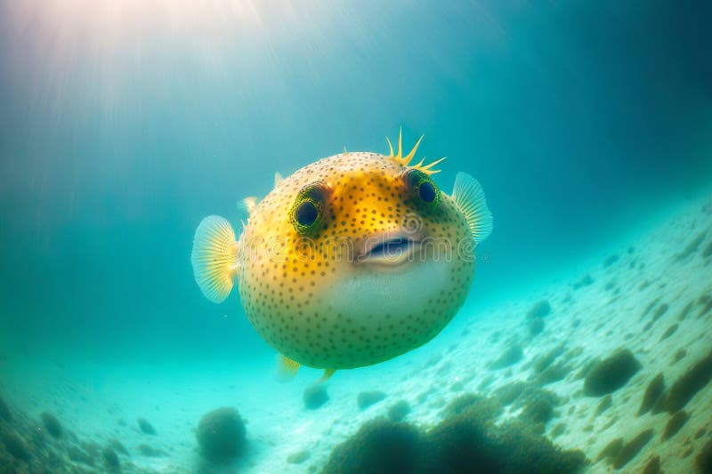 Round Inflatable Puffer Fish with Yellow Back in Seawater Stock ...