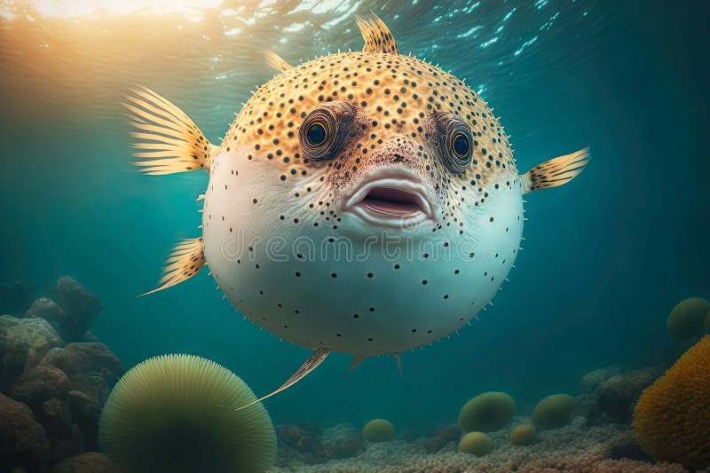 Round Inflatable Puffer Fish with Yellow Back in Seawater Stock ...