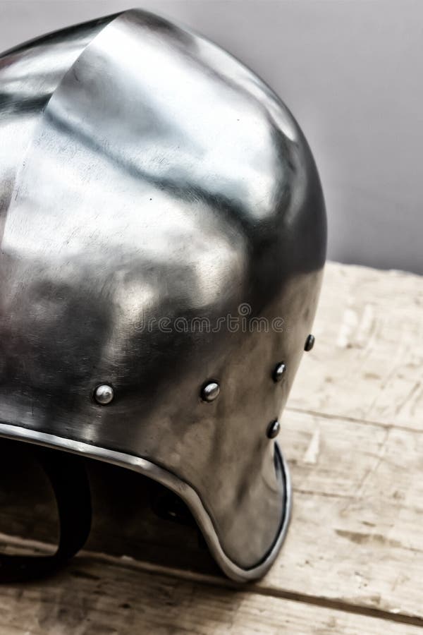 Round Iron Helmet Protection of the Medieval Warrior Close-up Stands on ...
