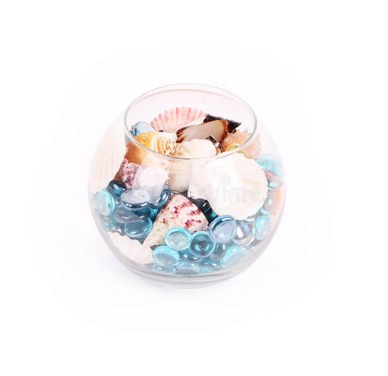 Round Jar with Shells and Blue Stones Stock Image - Image of sand ...
