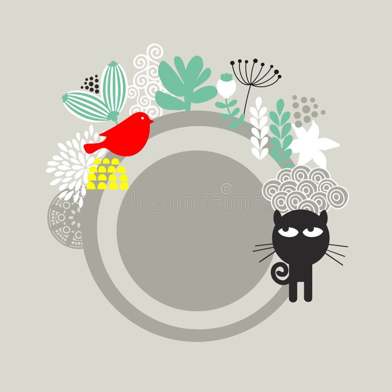 Round Label with Black Cat and Red Bird. Stock Illustration ...